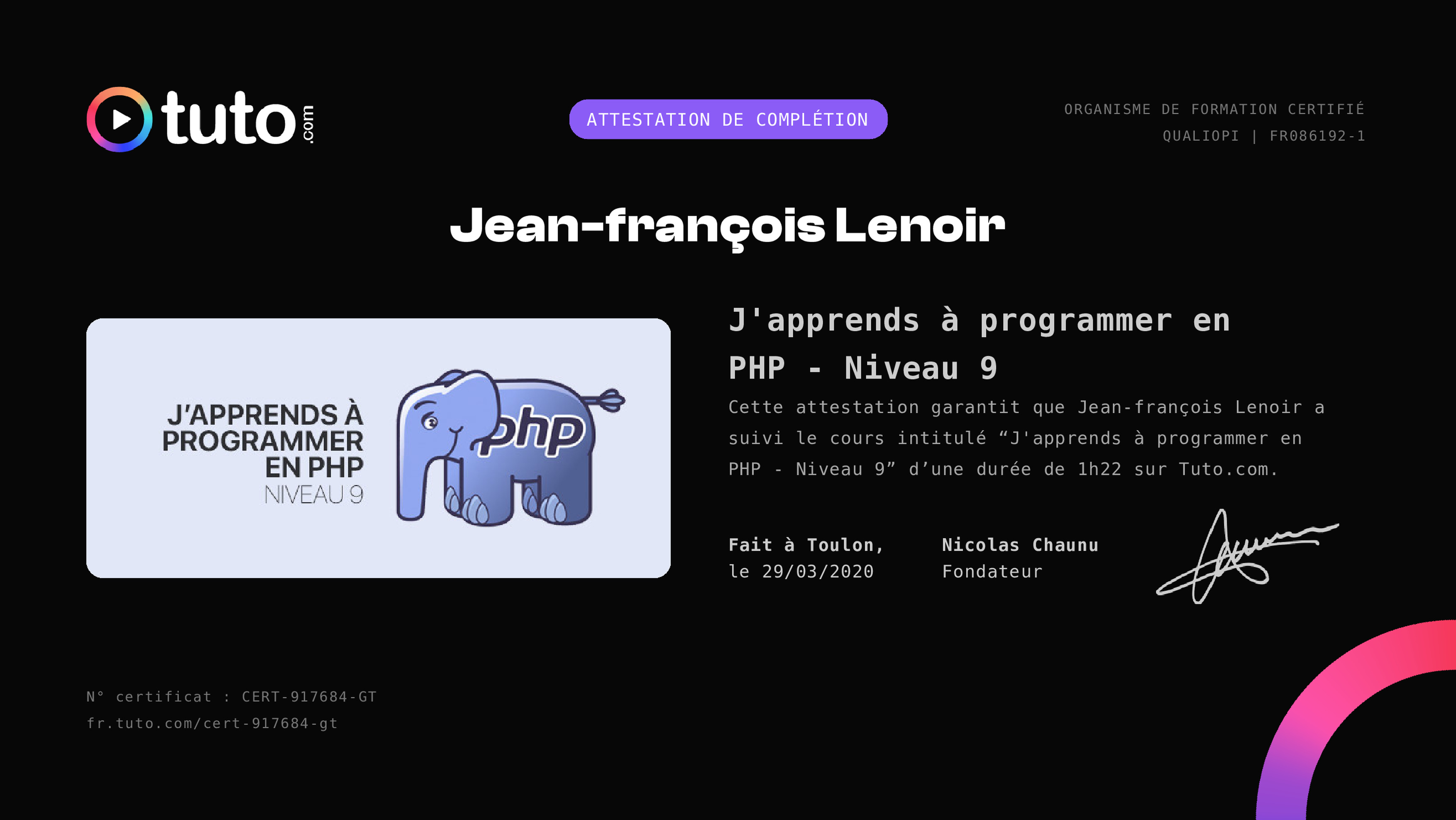 Je viens de terminer ce cours sur Tuto.com